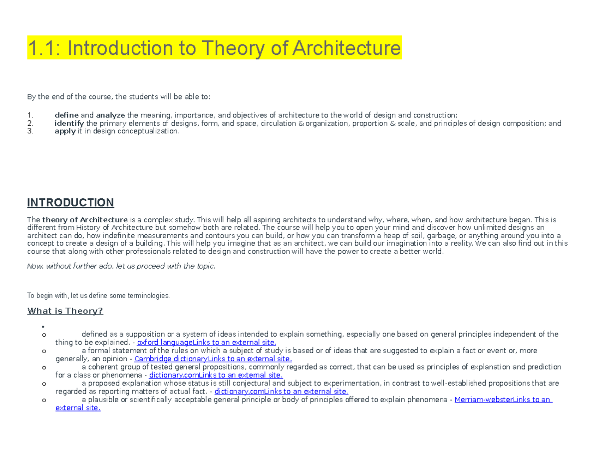 TOA 1 Introduction to Theory of Architecture: Key Concepts ...