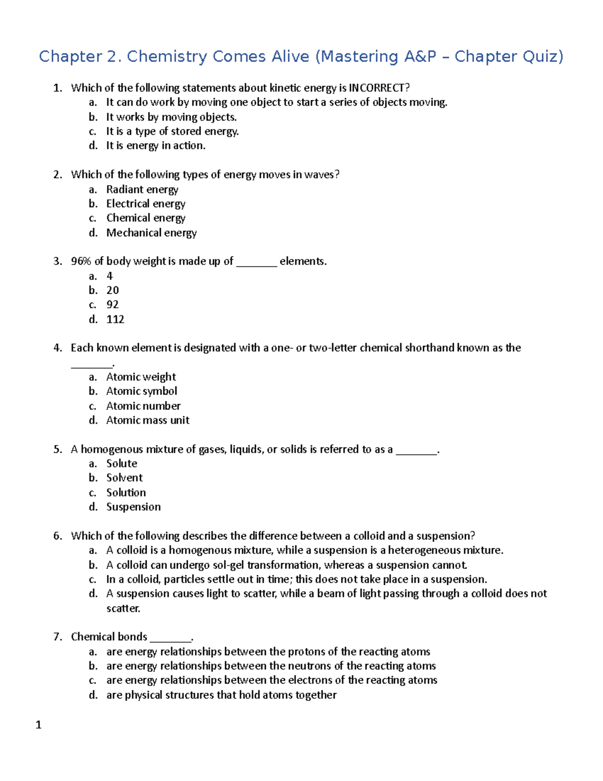 Mastering A&P Chapter 2 Quiz: Chemistry Comes Alive Review - Studocu