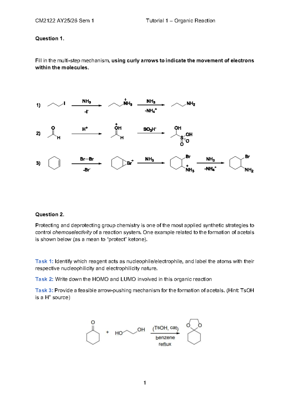 CM2122 Sem 1 Tutorial 1: Organic Reaction Mechanism Questions - Studocu