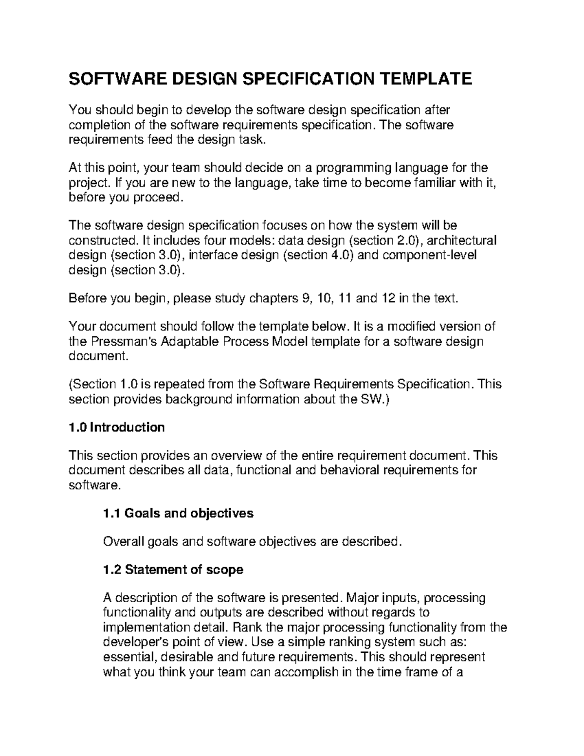 SDS 101: Software Design Specification Template Guide - Studocu