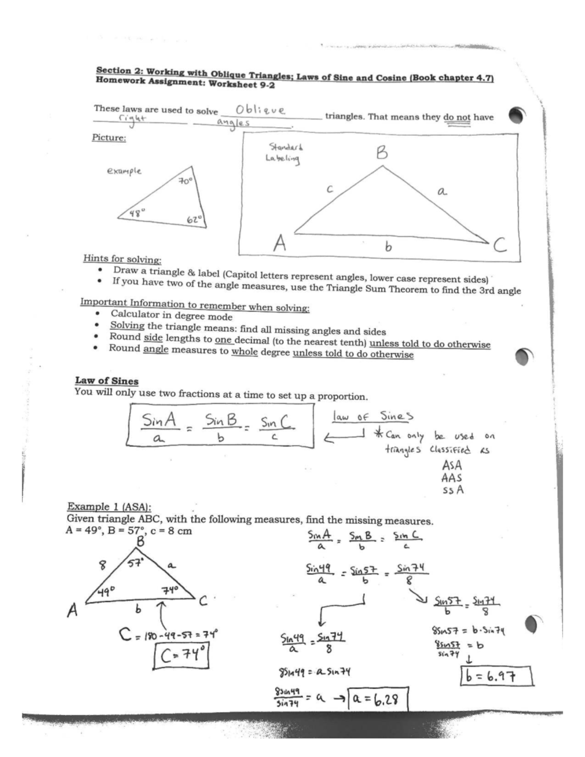 Unit 9: Oblique Laws of Sine and Cosine Homework (Course 624) - Studocu