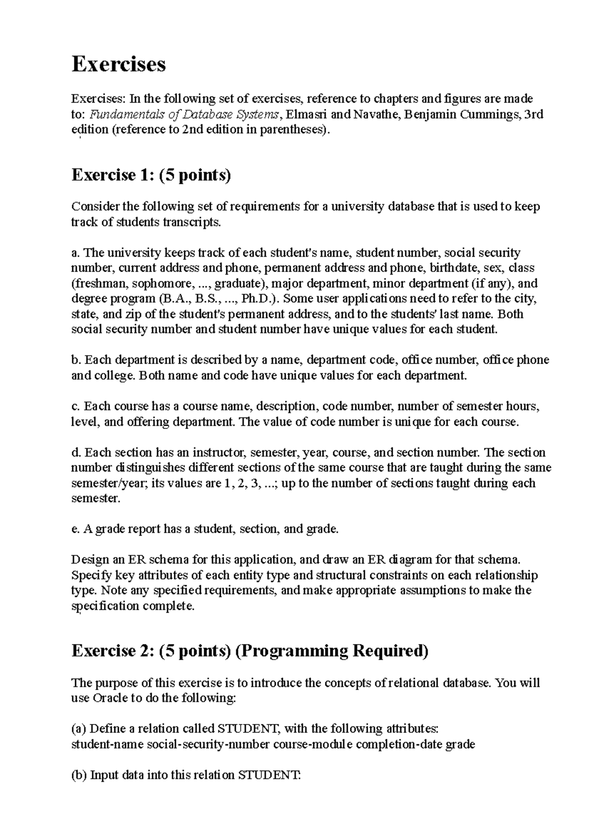Database Exercises for Fundamentals of Database Systems (DB 101) - Studocu
