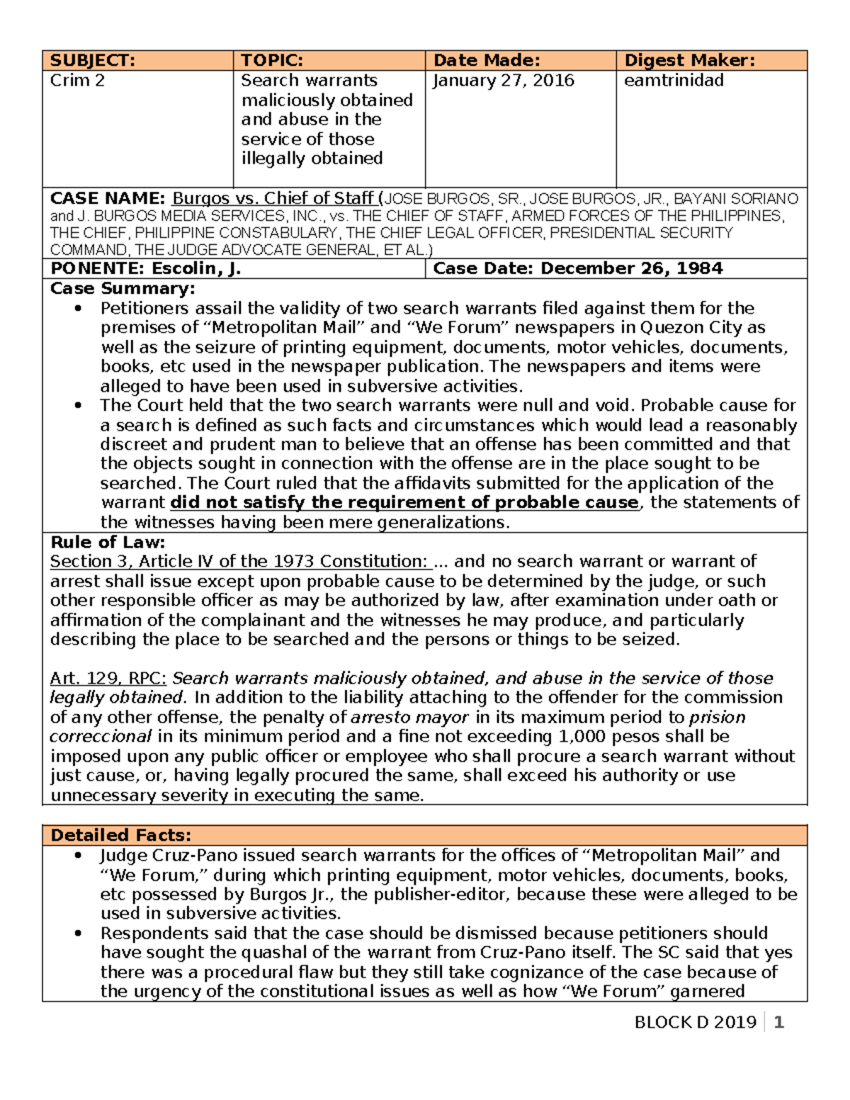297117936 Burgos vs Chief of Staff digest - SUBJECT: TOPIC: Date Made ...