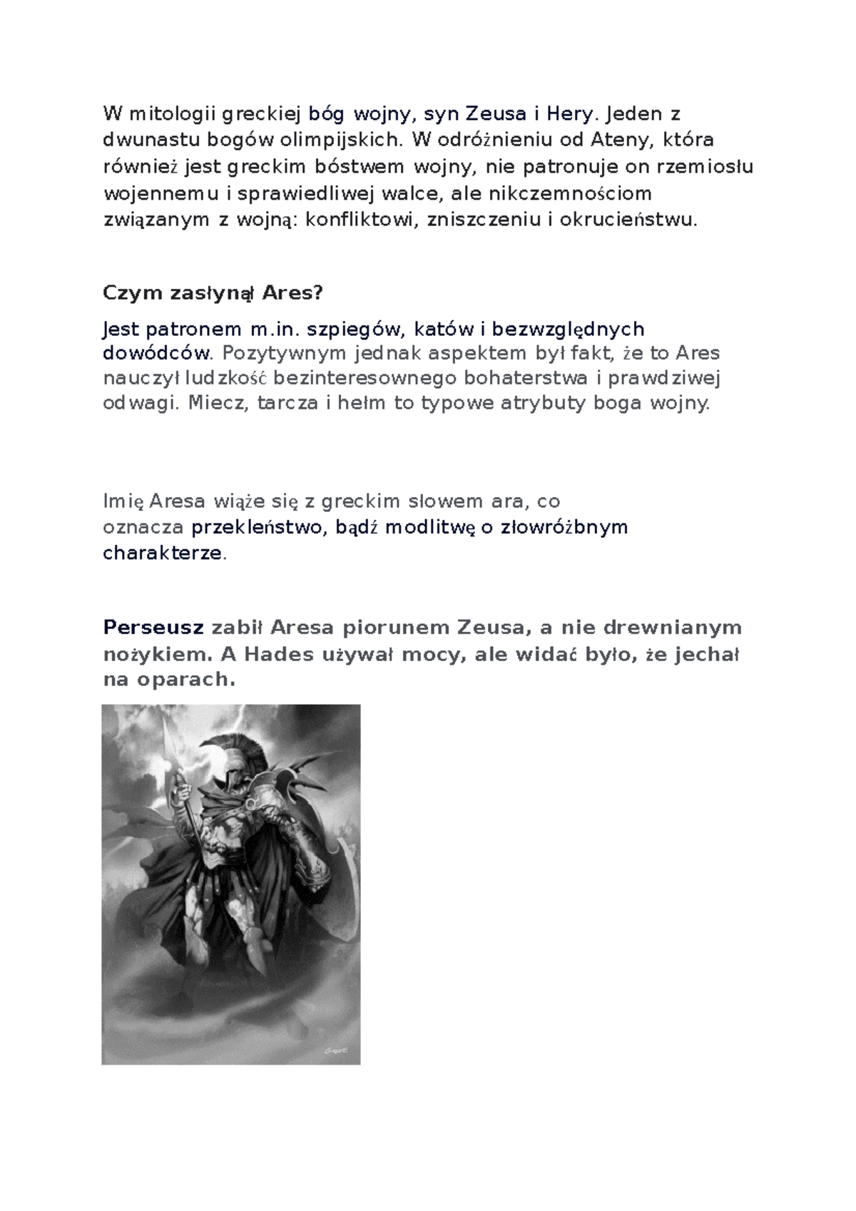 Ares - mitologia grecka - W mitologii greckiej bóg wojny, syn Zeusa i ...