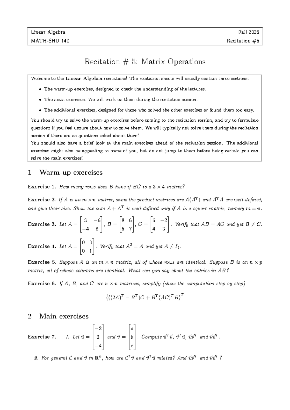 Linear Algebra Fall 2025 140 Recitation 5: Matrix Operations Guide - Studocu