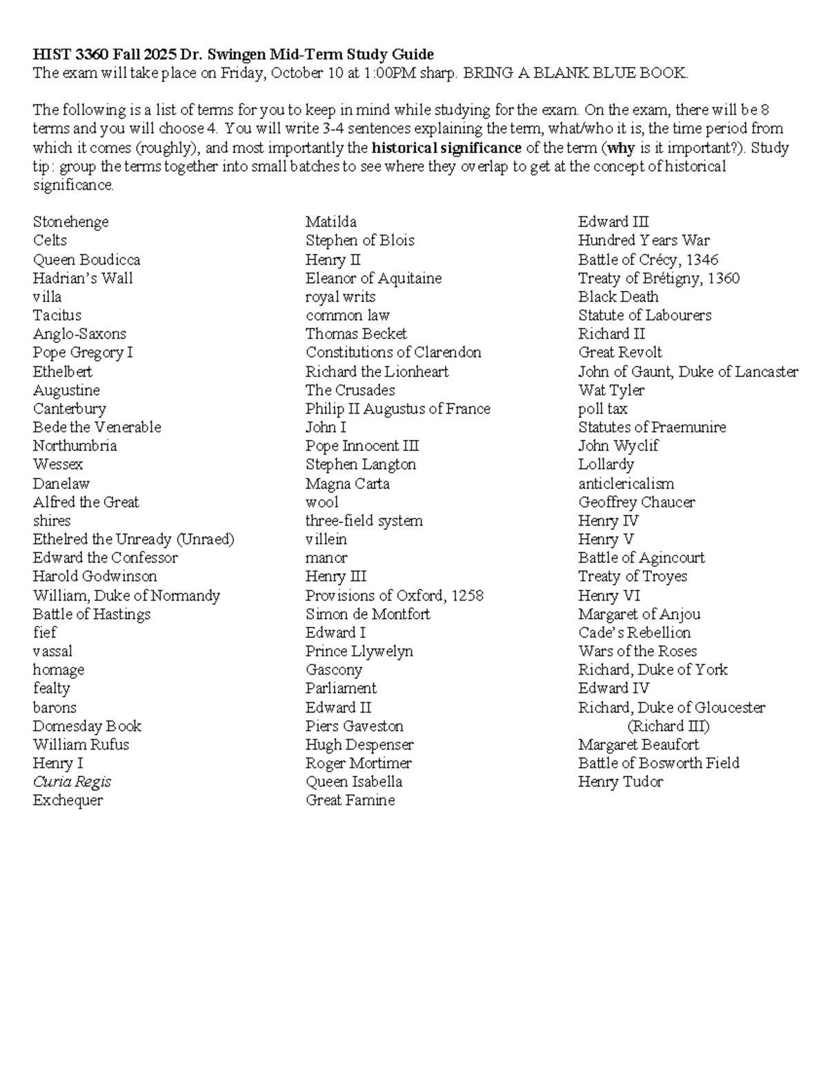 HIST 3360 Fall 2025 Dr. Swingen Mid-Term Study Guide - Studocu