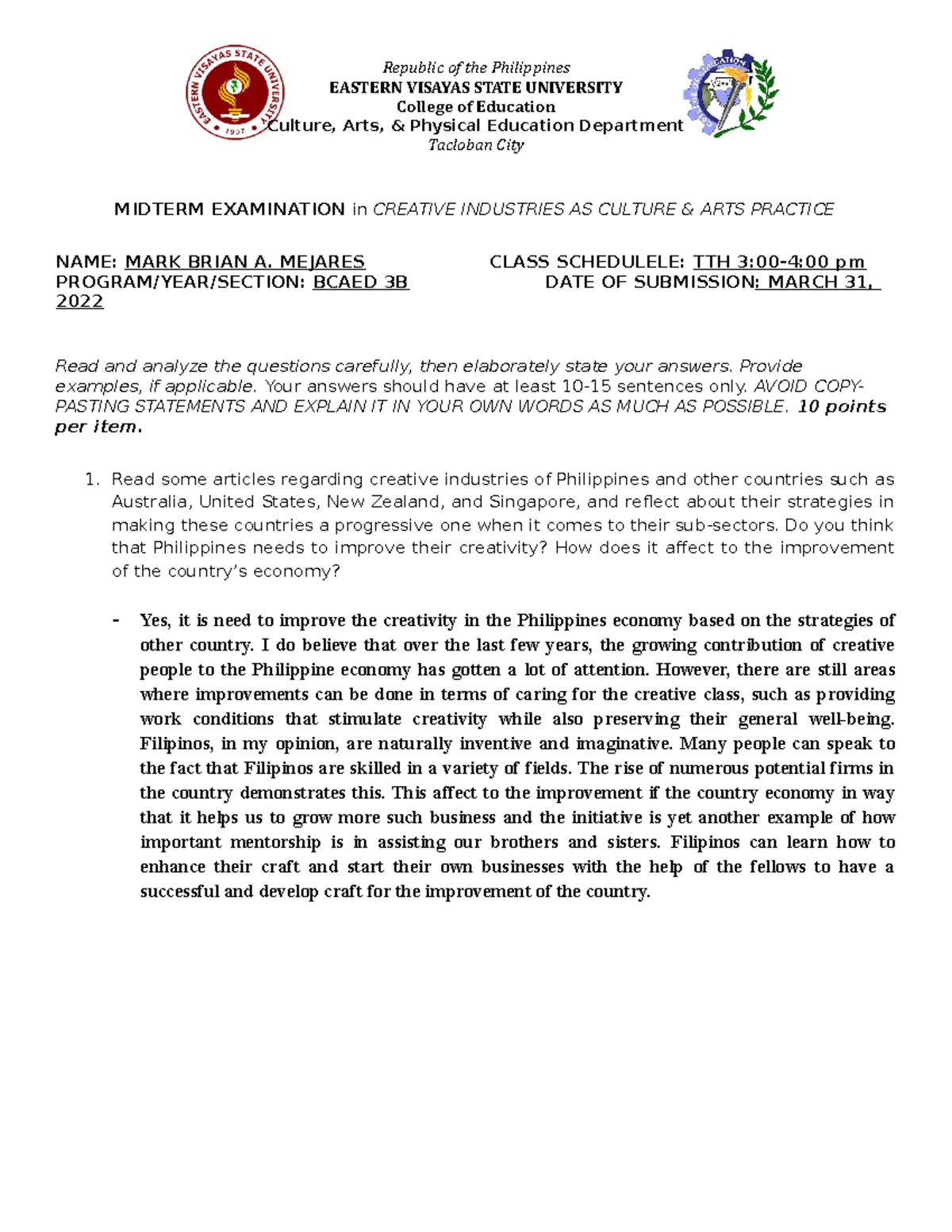 Bcaed 3B Midterm Exam: Insights on Creative Industries & Freelancing ...