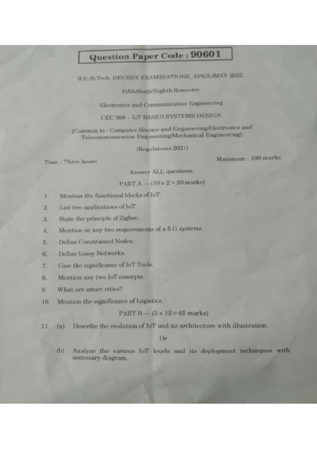 CEC 368 Final Exam Question Paper 2025: IoT Based Systems Design - Studocu