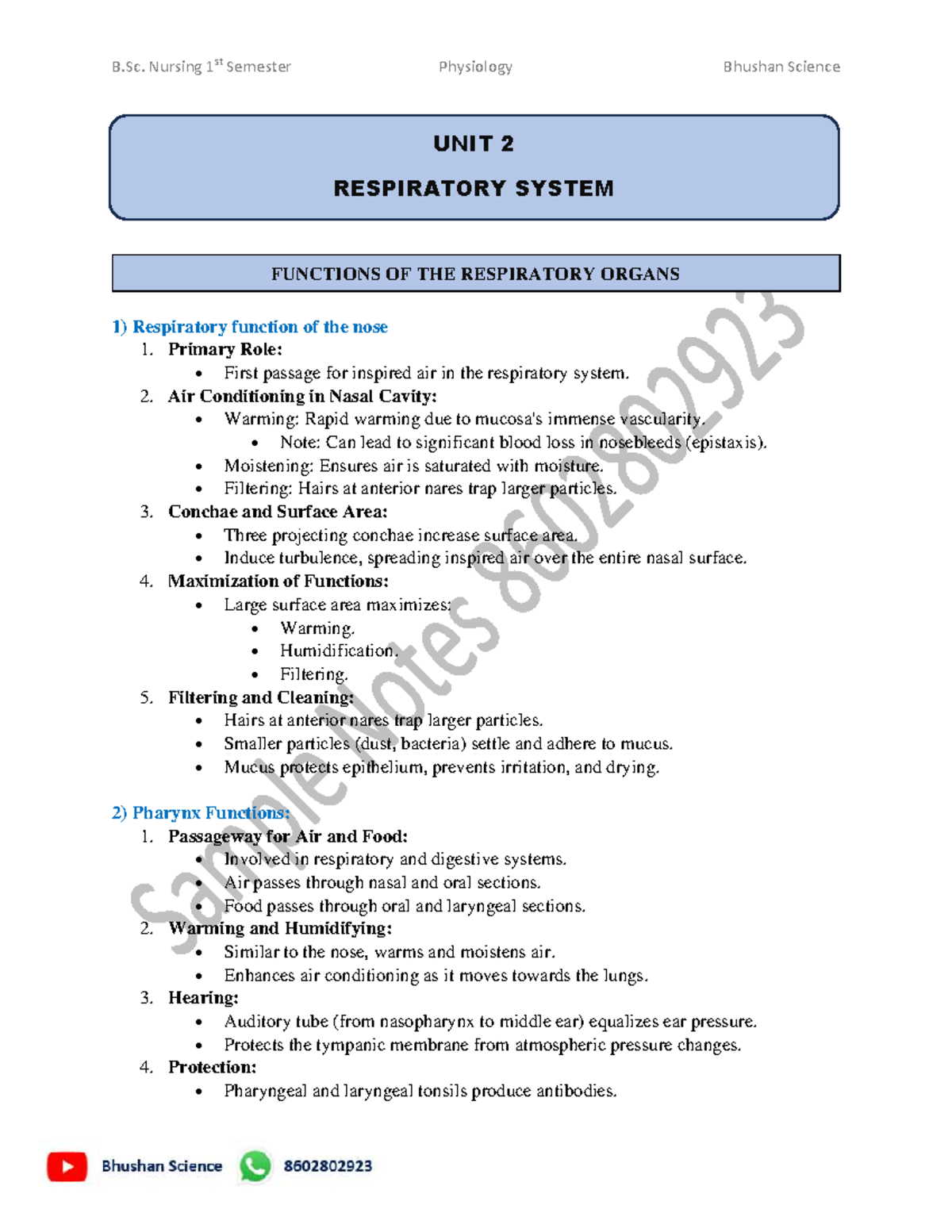 B.Sc. Nursing 1st Sem Physiology: Unit 2 - Respiratory System Functions - Studocu