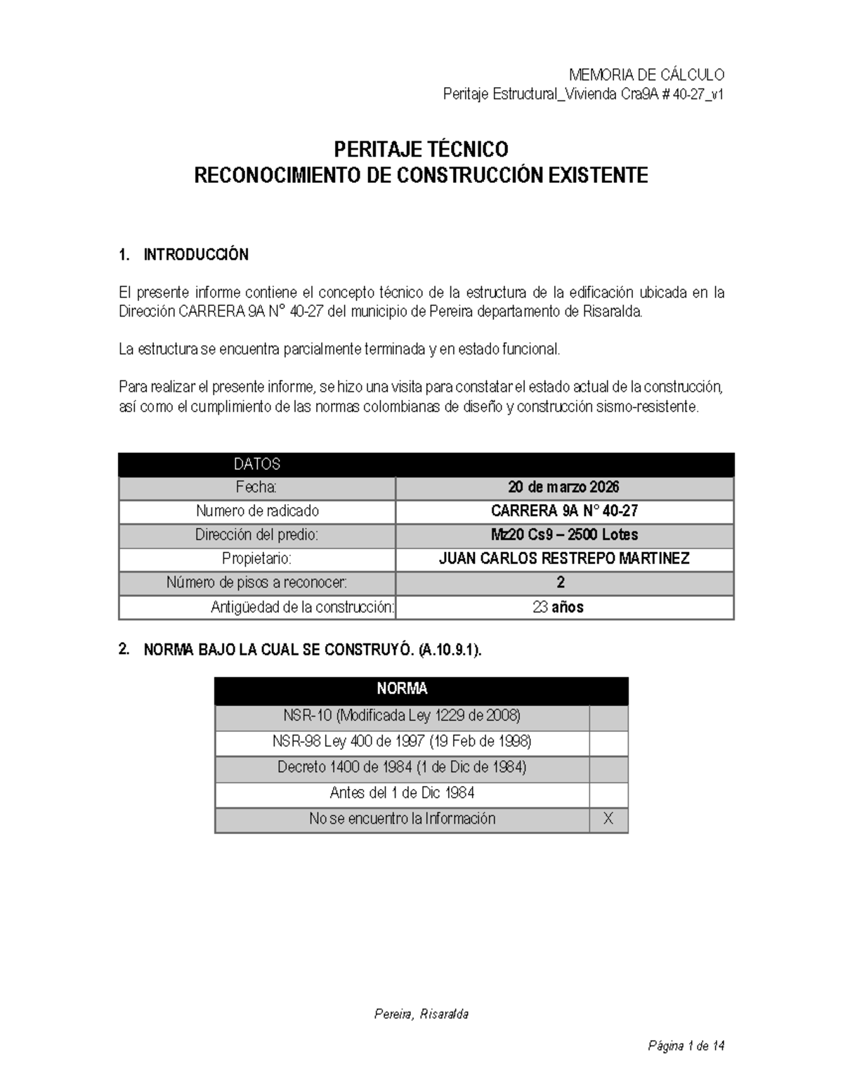 Peritaje Estructural Vivienda Cra9A - Informe Técnico # 40-27 v1 - Studocu