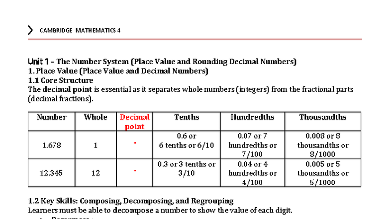 CAMBRIDGE MATHEMATICS 4 Unit 1: The Number System & Decimal Rounding ...