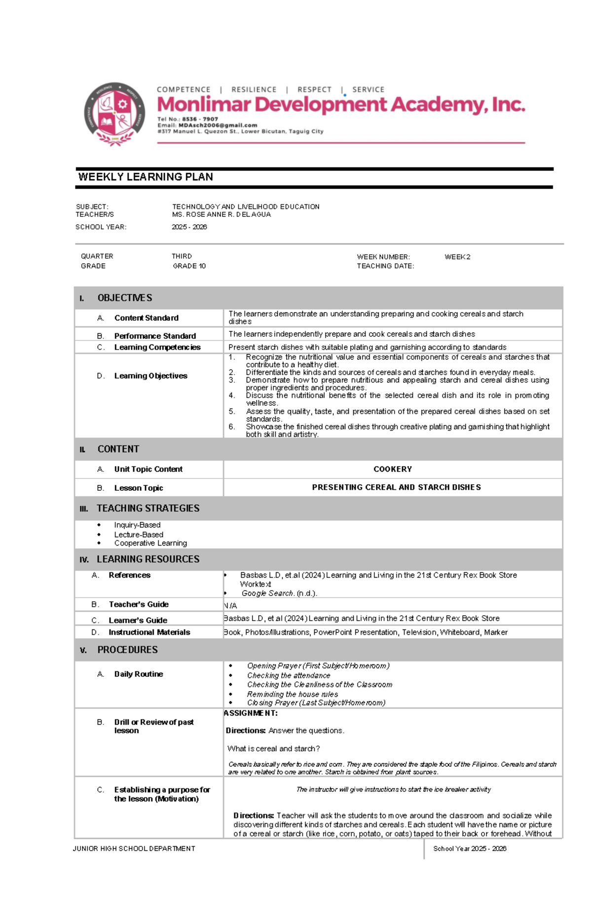 Weekly Learning Plan: Cookery - Cereal & Starch Dishes (Grade 10) - Studocu