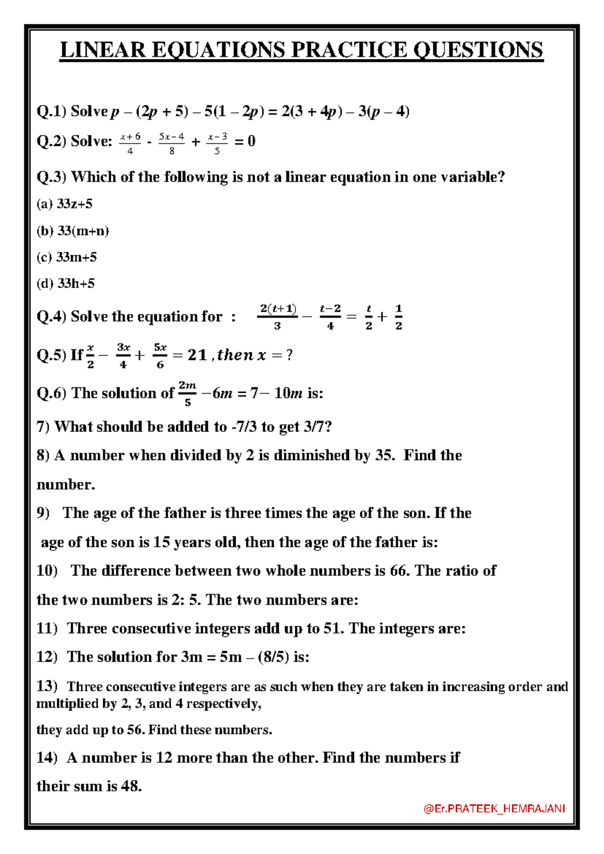 Class 8 Linear Equations - LINEAR EQUATIONS PRACTICE QUESTIONS Q) Solve ...