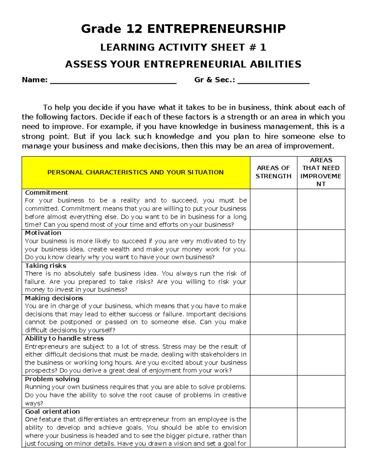 Grade 12 ENTREPRENEURSHIP: Learning Activity Sheet #1 - Assessing ...