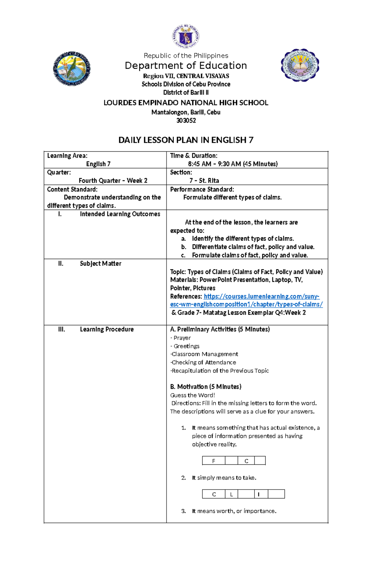 Daily Lesson Plan in English 7: Types of Claims (Q4, Week 2) - Studocu