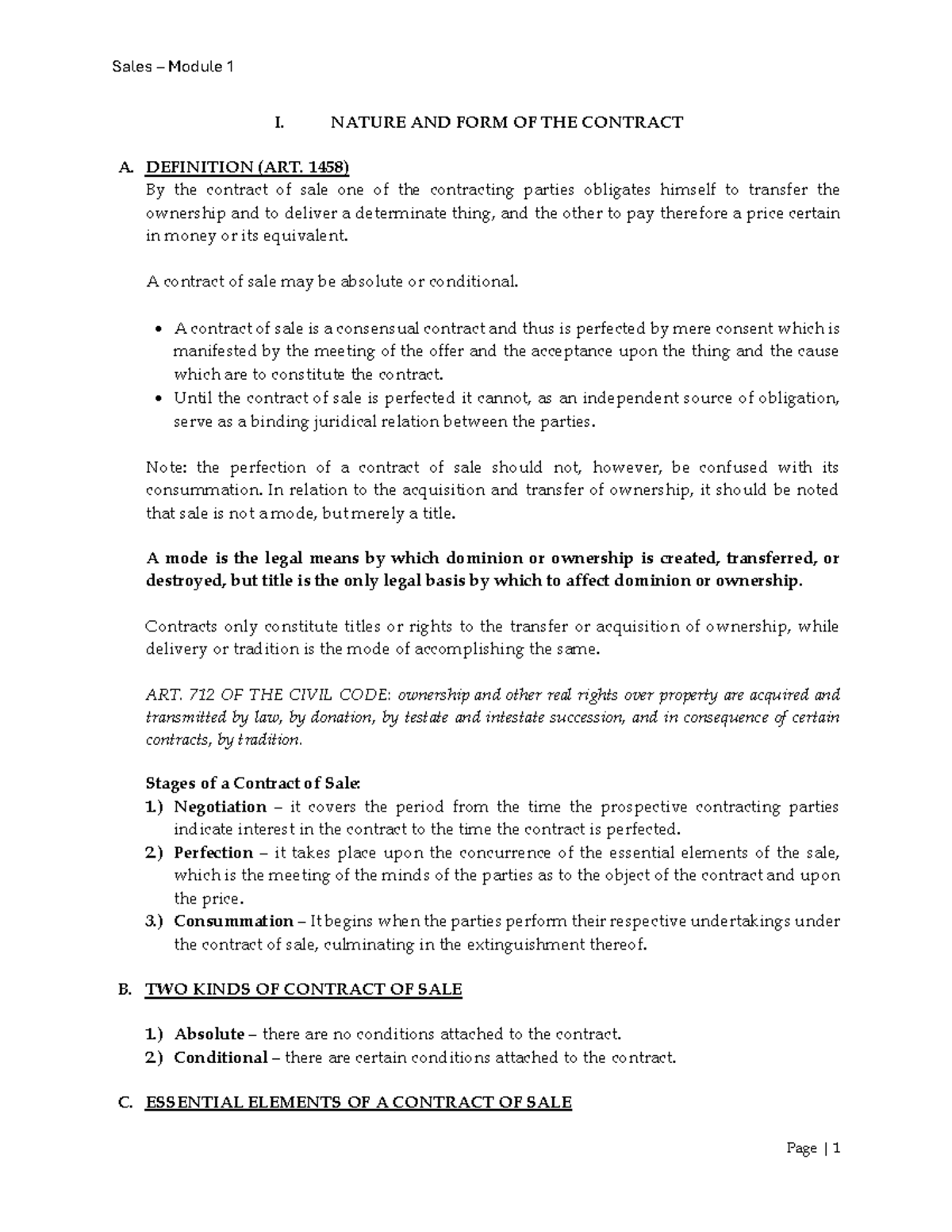 Contract of Sale Overview: Key Concepts (Module Sale 1458-1494) - Studocu