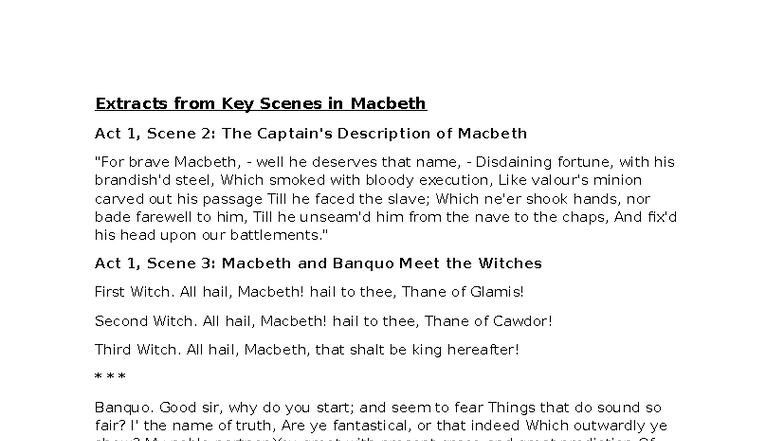 Key Scenes Analysis from Macbeth (Acts 1-5) - Studocu