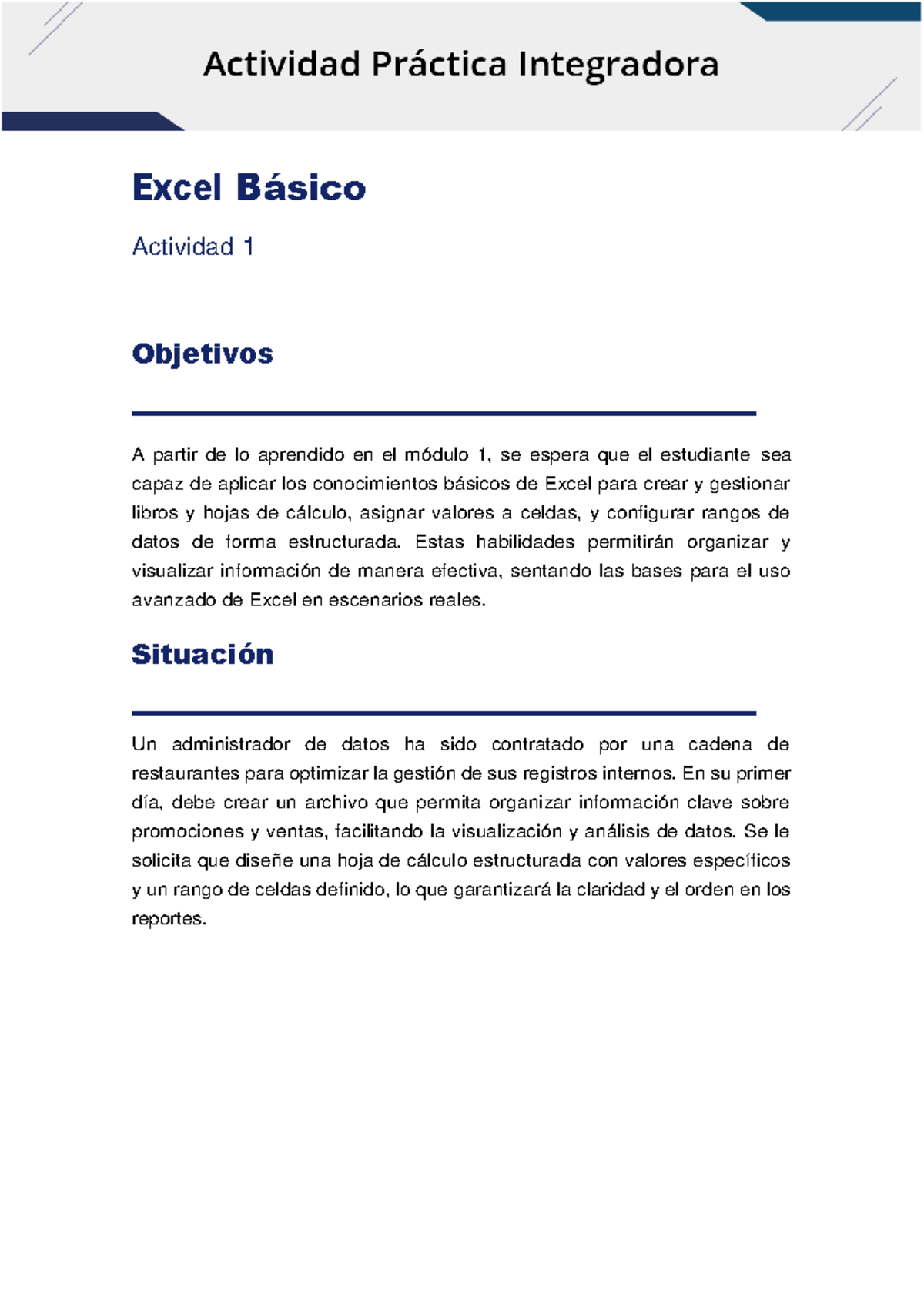 API 1: Introducción a Excel y Actividad Básica 1 - Studocu