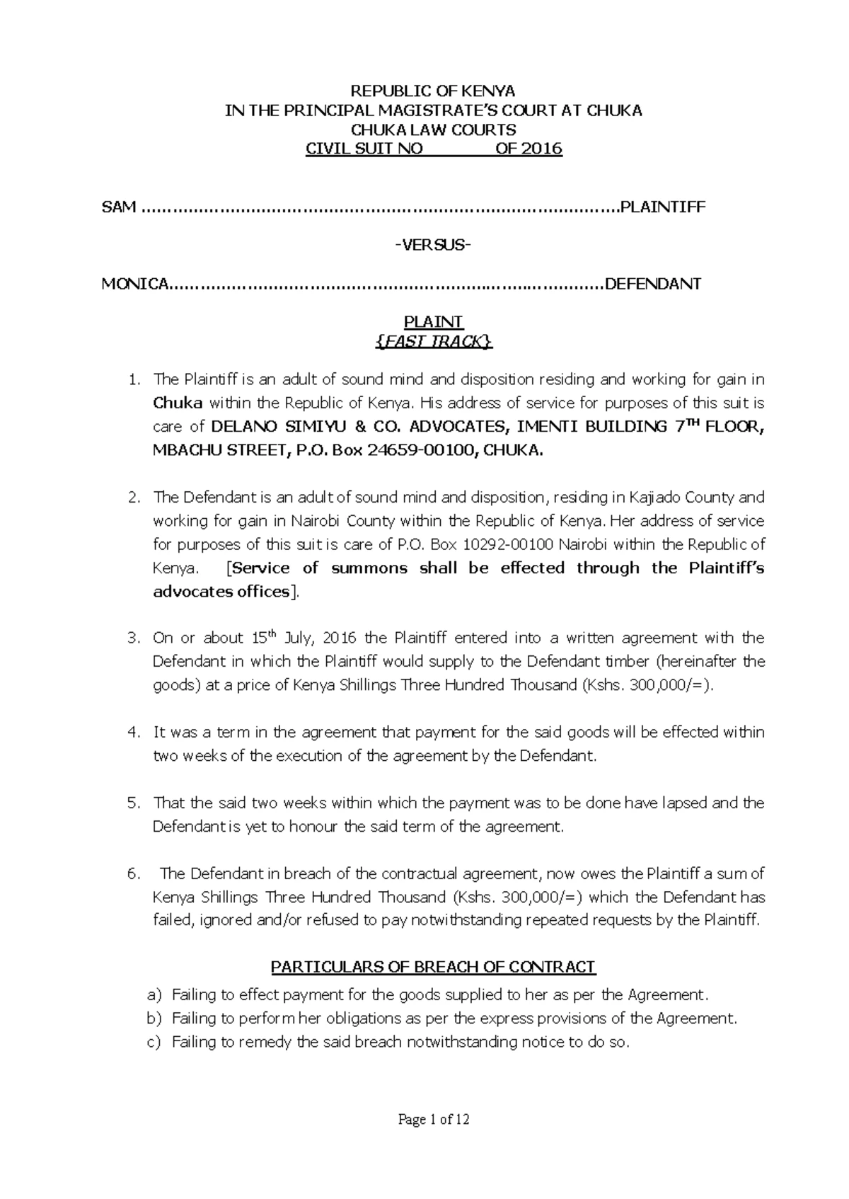Sample Plaint - REPUBLIC OF KENYA IN THE HIGH COURT AT MERU CIVIL SUIT ...