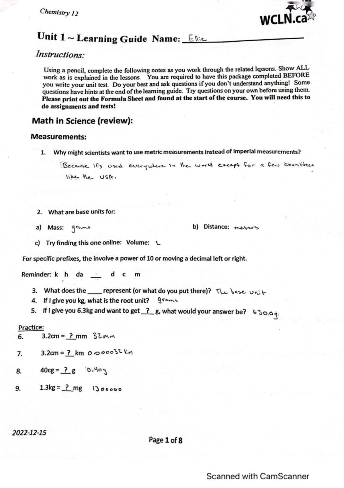 Chem 12 WCLN Unit 1 Learning Guide - Comprehensive Notes for Success ...