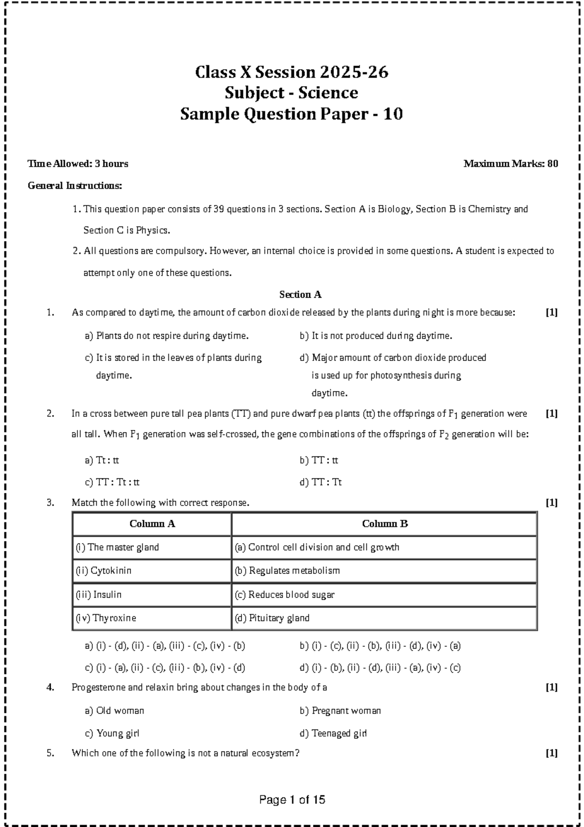 Science Sample Question Paper 10 for Class X (2026) - Studocu