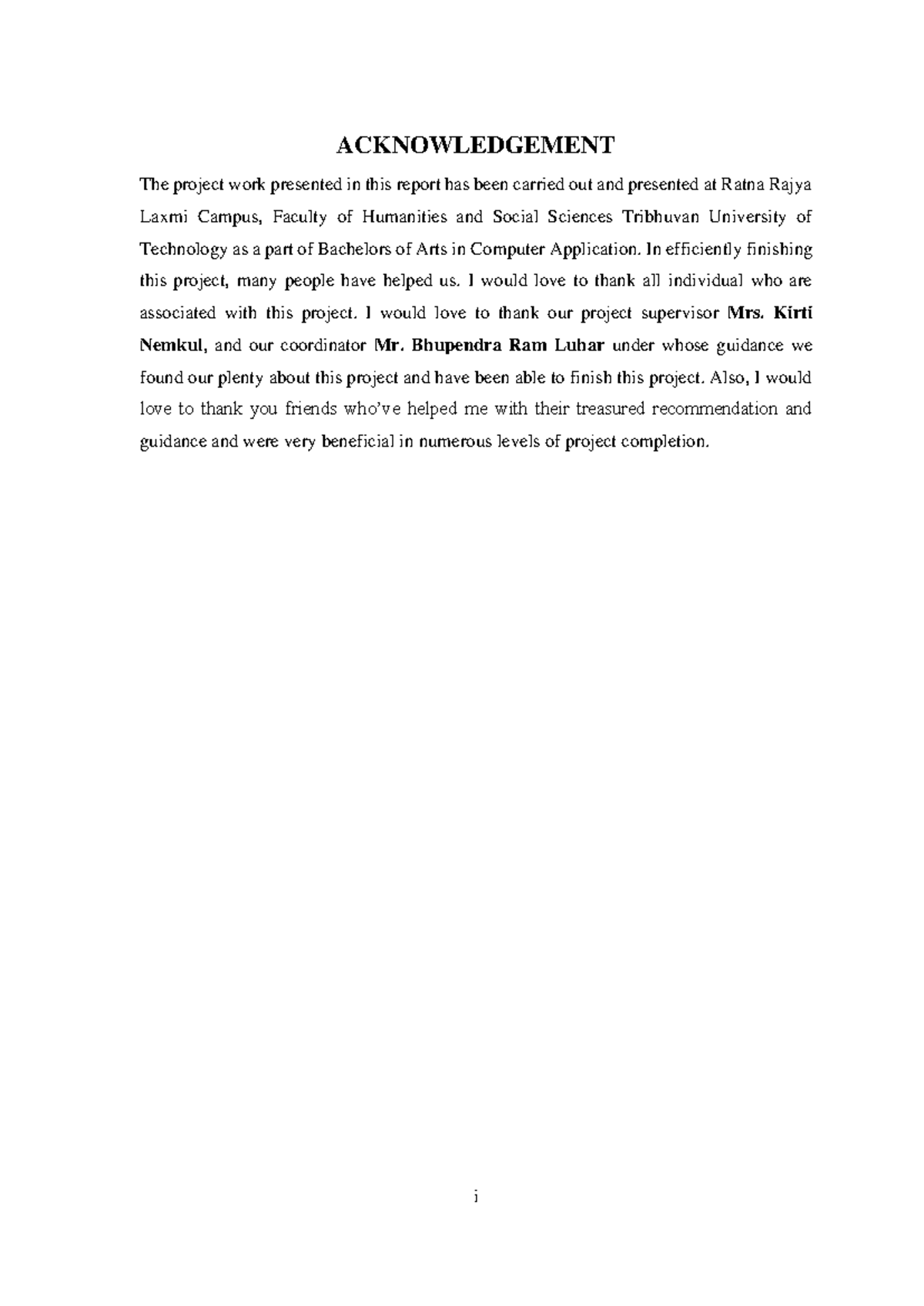 Project report for college - i ACKNOWLEDGEMENT The project work ...