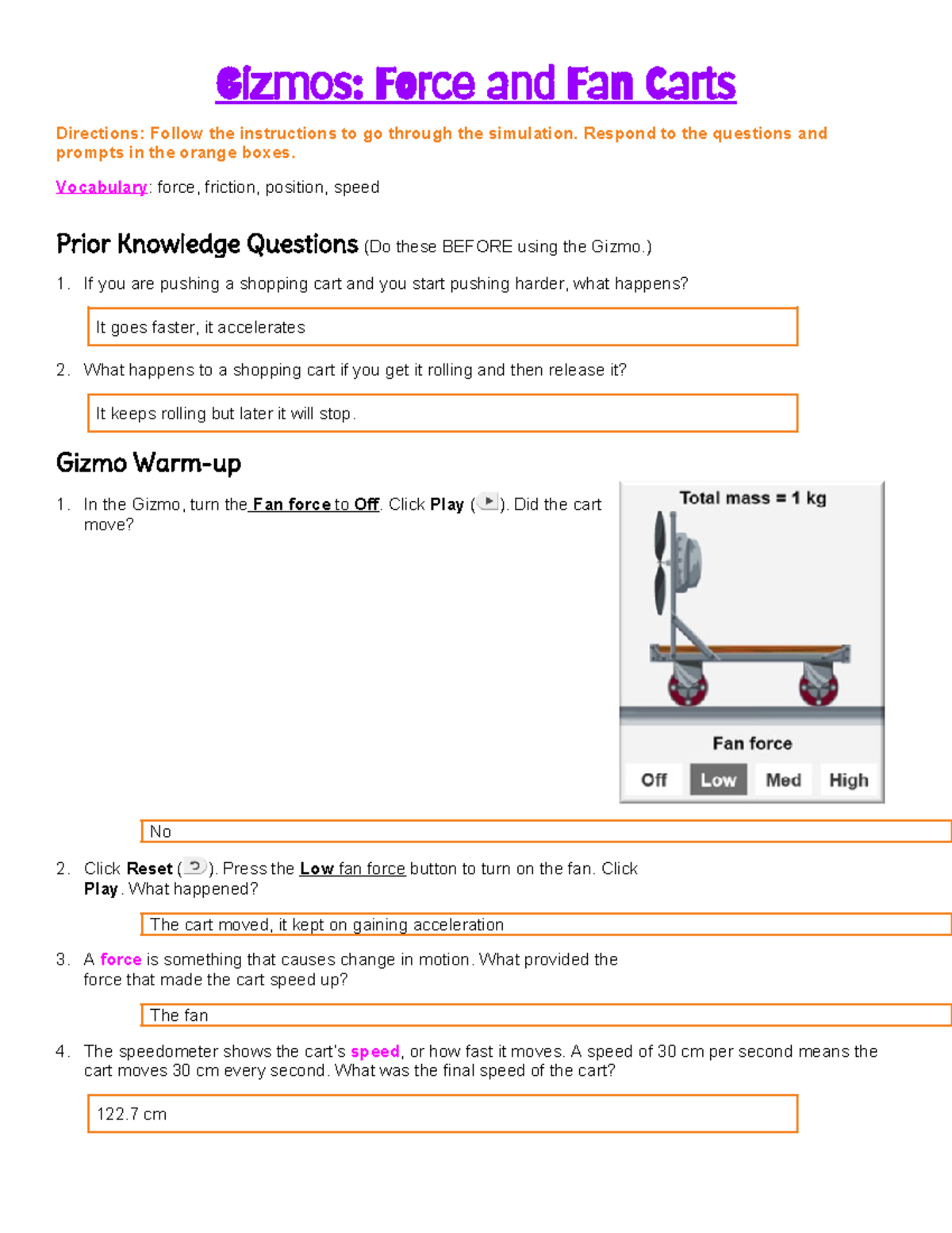 Gizmos: Force & Motion with Fan Carts Simulation Guide - Studocu