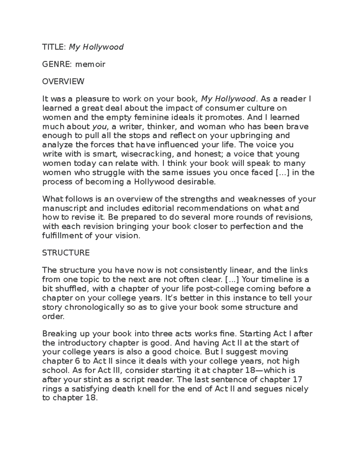 Memoir- Critique - TITLE: My Hollywood GENRE: memoir OVERVIEW It was a ...