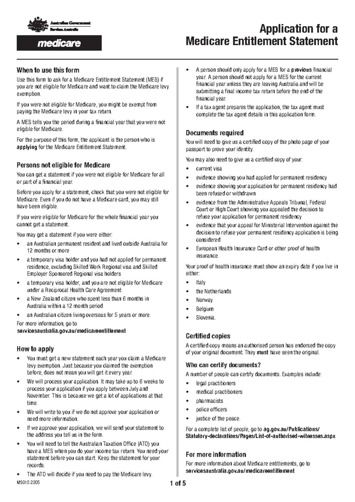 MS015 - Medicare Entitlement Statement Application Guide - Studocu