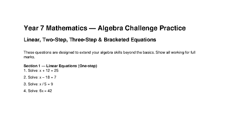 Year 7 Maths Algebra Challenge Practice: Linear & Bracketed Equations ...