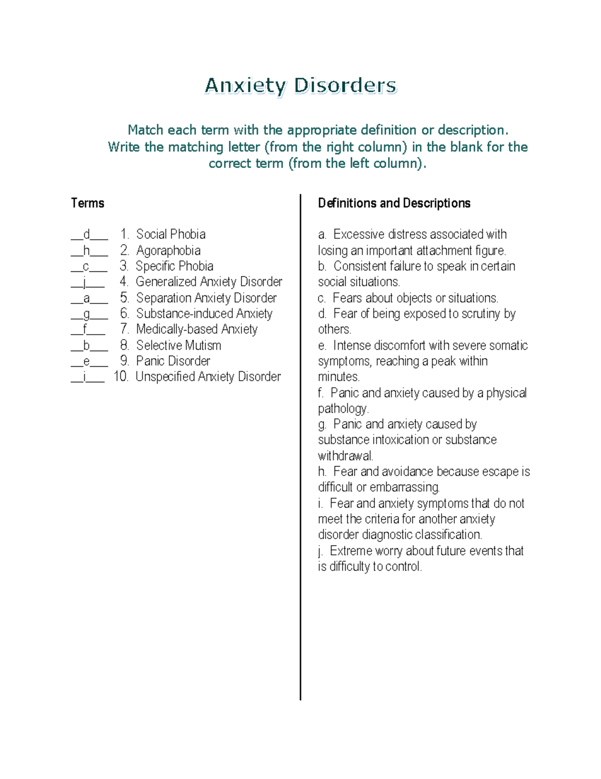 Anxiety Disorders: Definitions & Matching Exercise Assignment - Studocu
