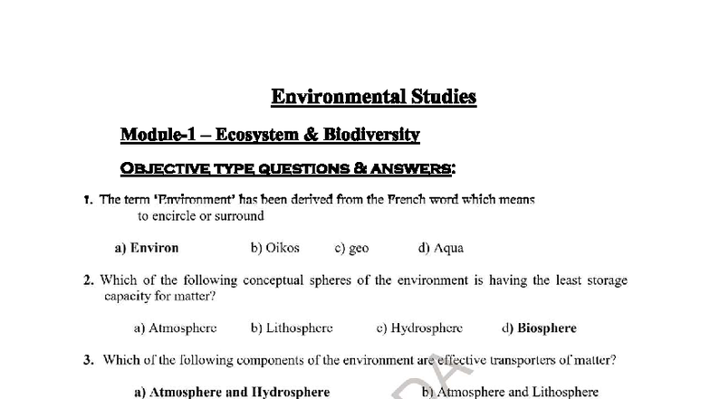 EVS 101: Ecosystem Biodiversity Objective Type Questions & Answers ...