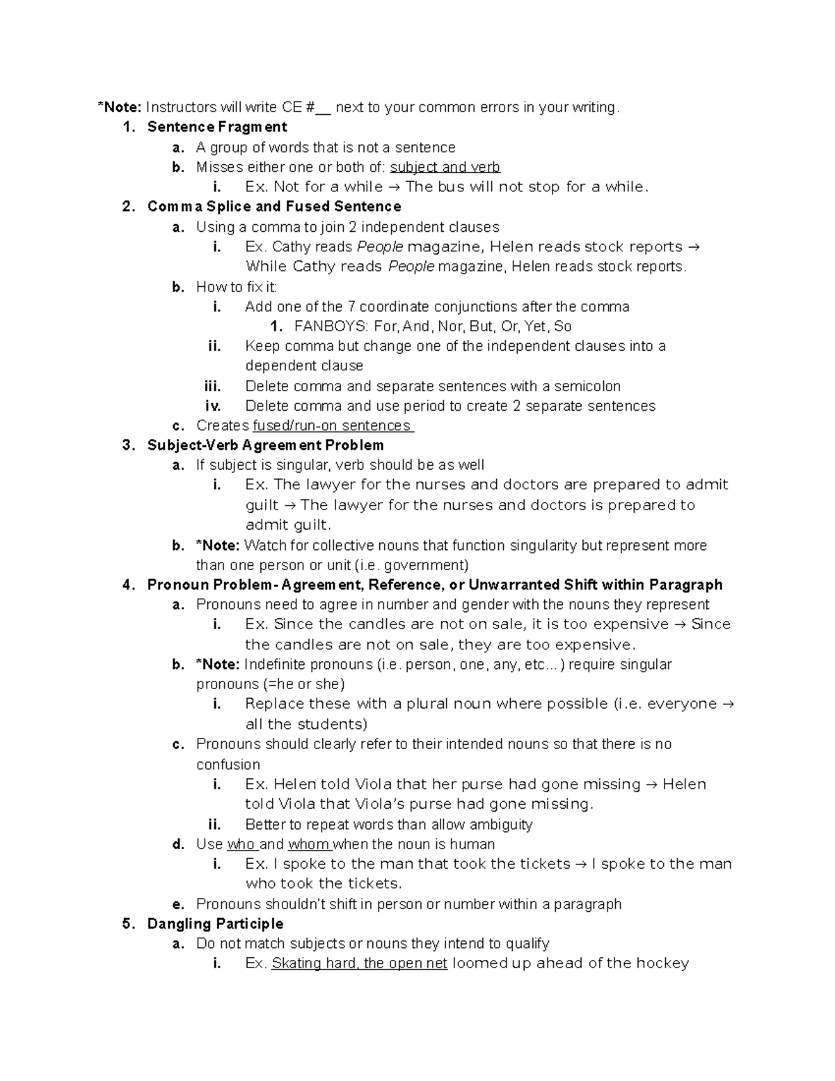 Common Writing Errors in English Comp 1: A Summary Guide - Studocu