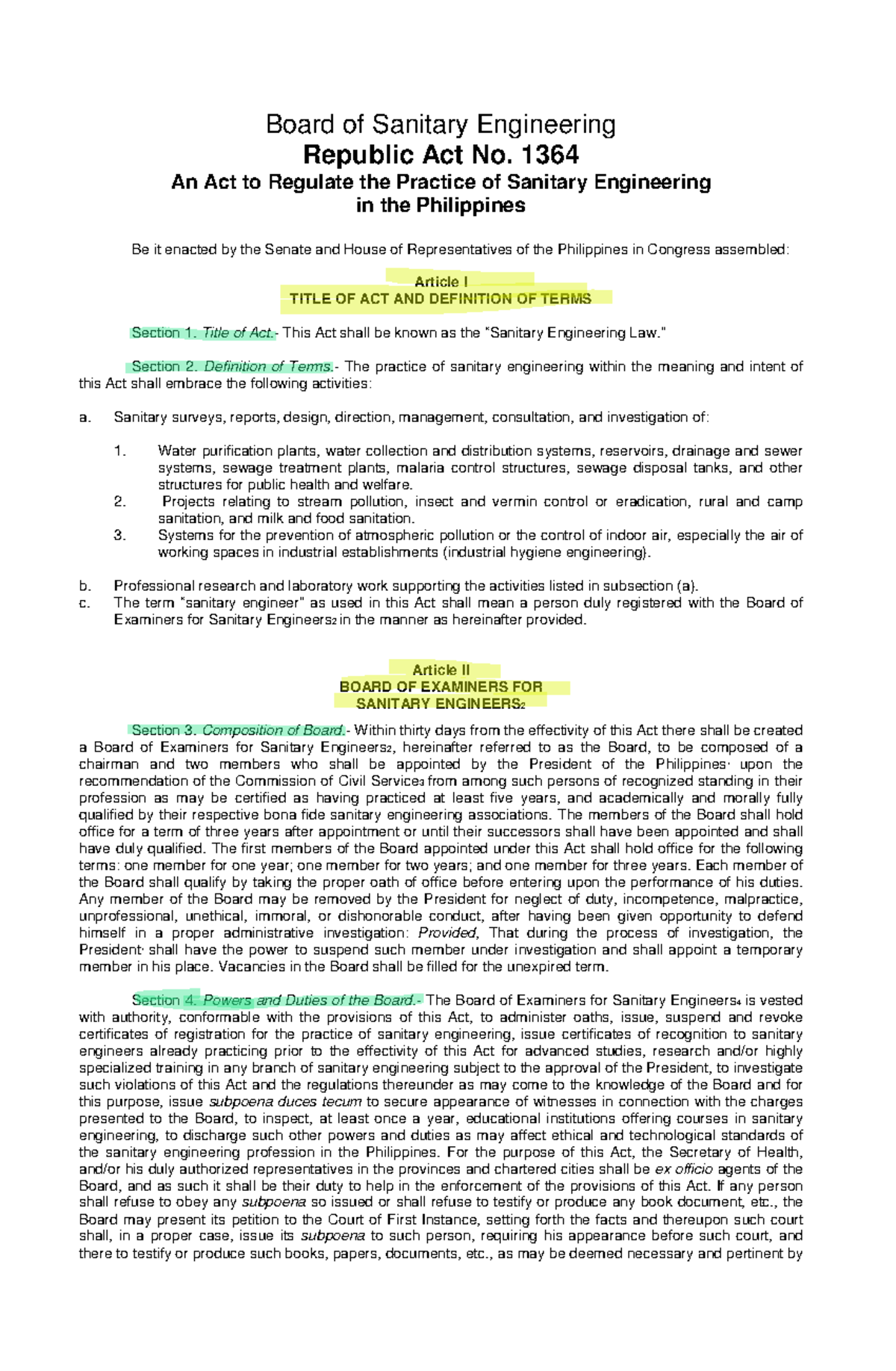 Sanitary Engineering Law: Republic Act No. 1364 Overview - Studocu