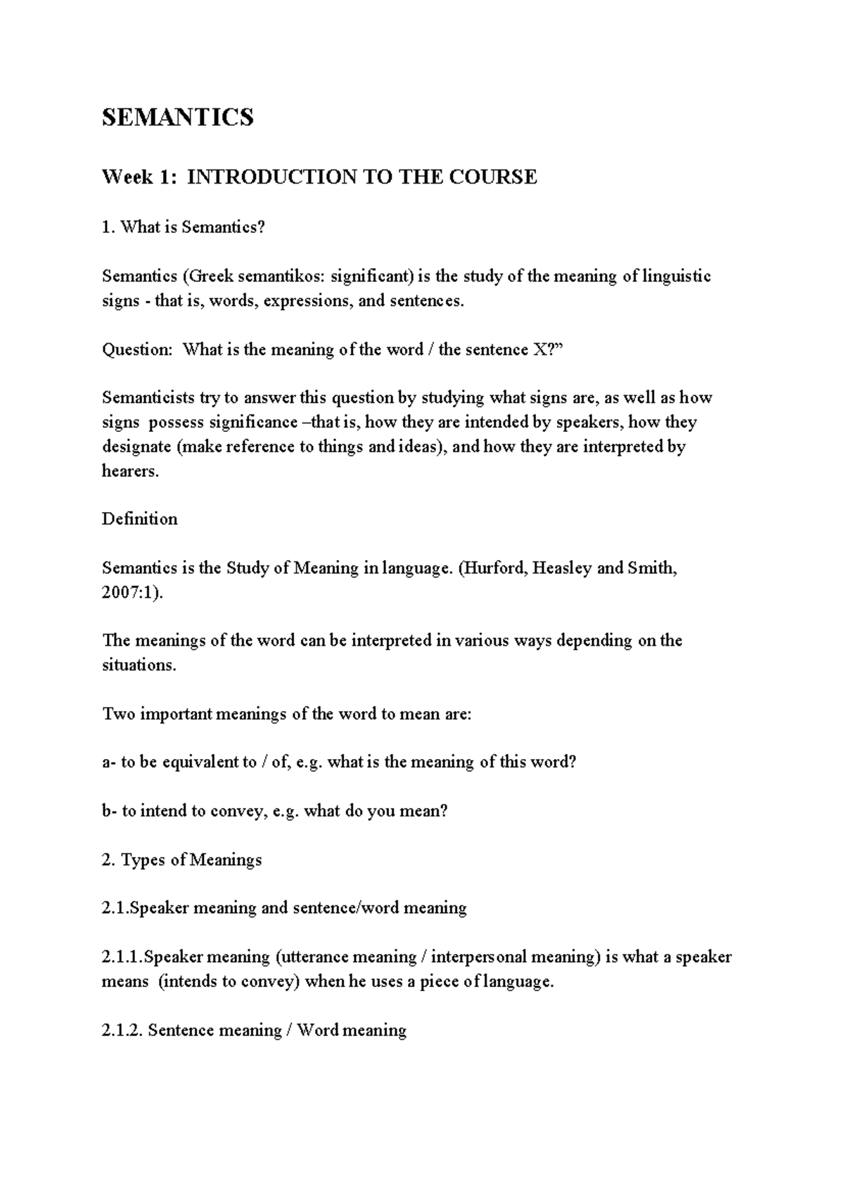 SEMANTICS Course Overview: Week 1 Introduction to Meaning - Studocu