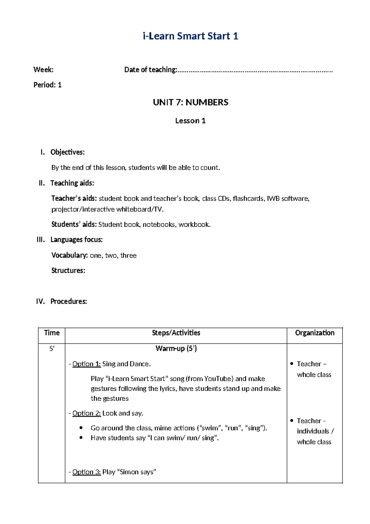 Lesson Plan ISS1 U7L1: Counting and Numbers Activities - Studocu