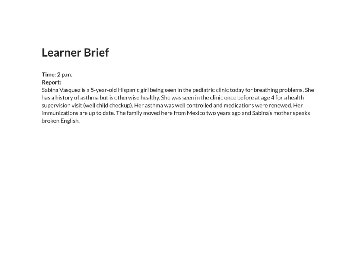Mild Intermittent Asthma Learner Brief Report: Sabina Vasquez - Studocu