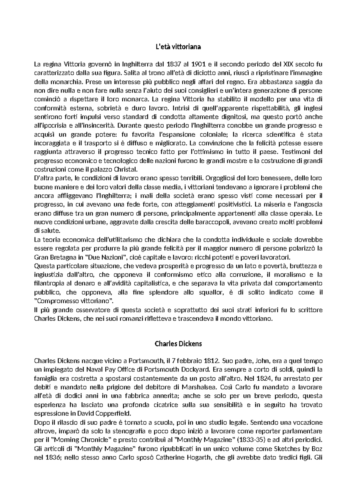 Età Vittoriana e Charles Dickens: Analisi e Riflessioni - Studocu