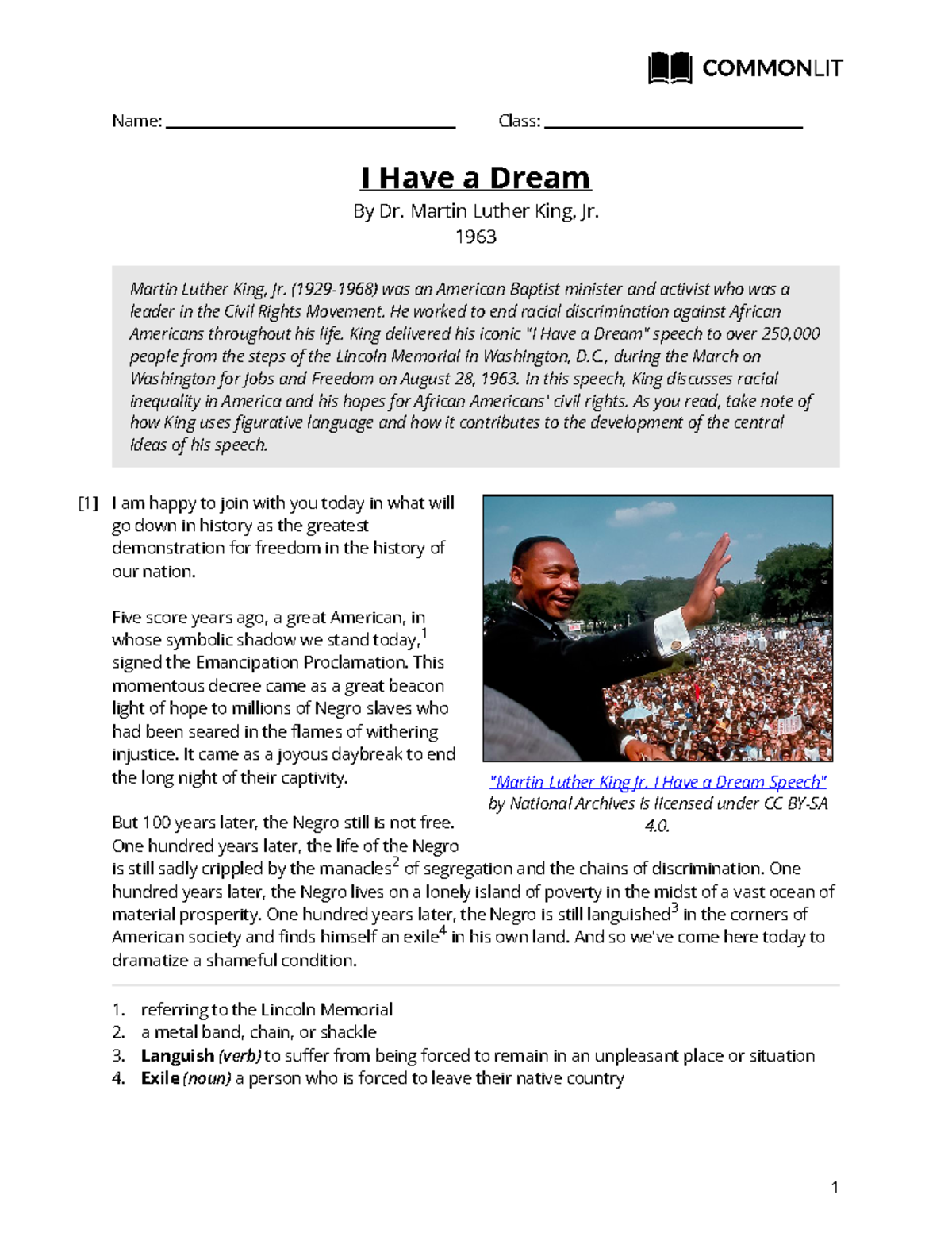 MLK Jr.'s "I Have a Dream" Speech Analysis - Student Copy - Studocu