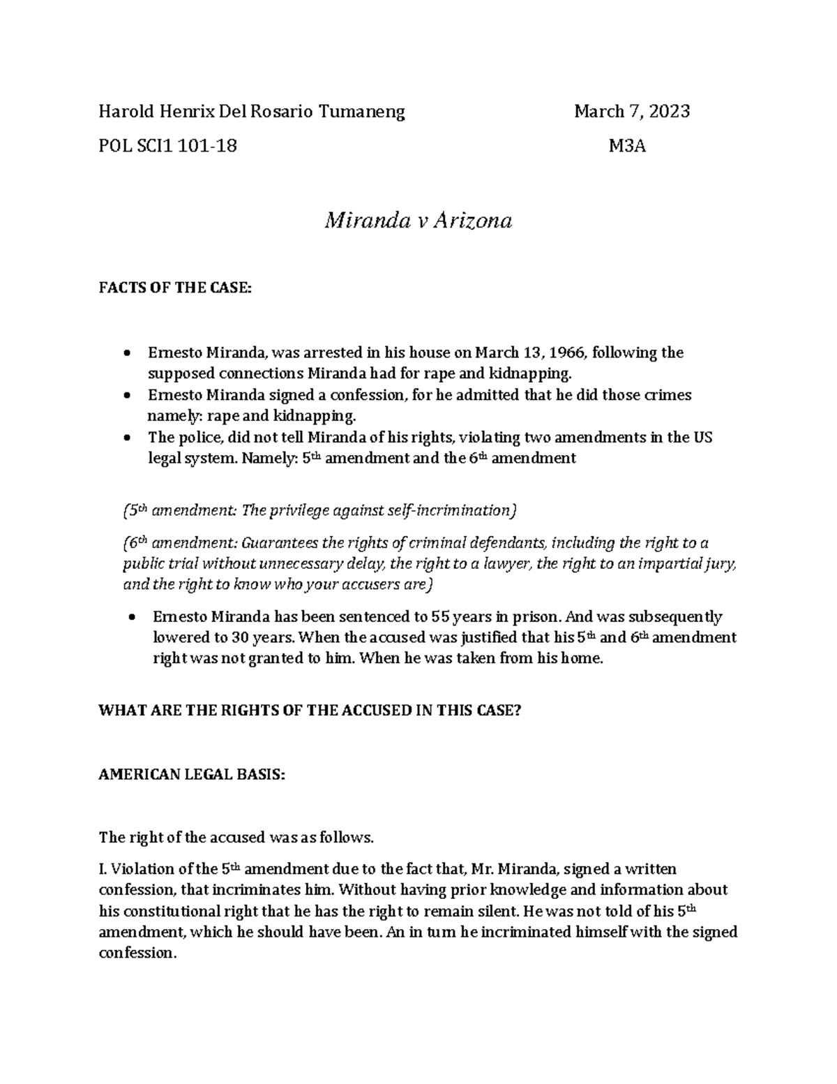 POL SCI1 M3A Case Study: Miranda v. Arizona Analysis - Studocu