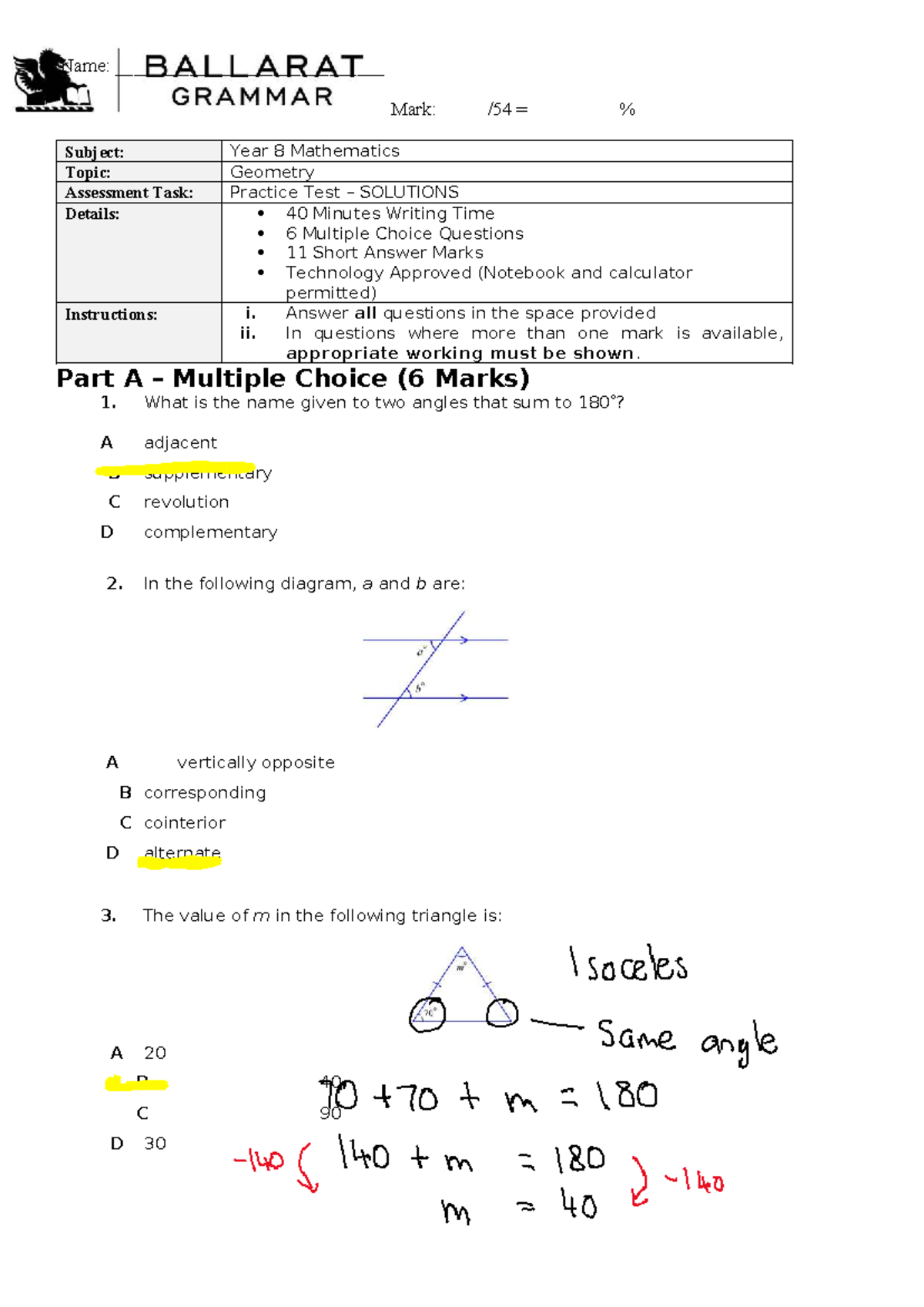 Yr 08 Mathematics Geometry Practice Test Solutions - Studocu