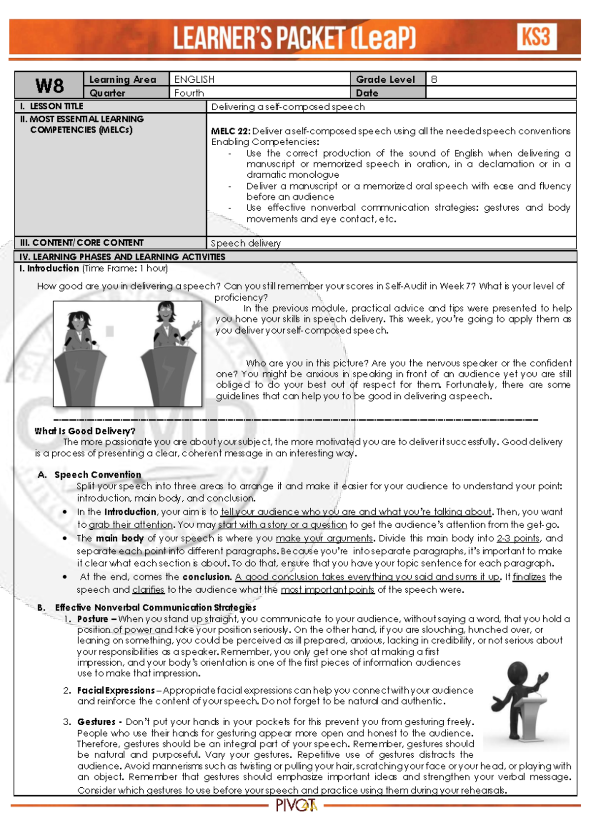 Q4 ENGLISH 8 Lesson on Delivering a Self-Composed Speech - Studocu