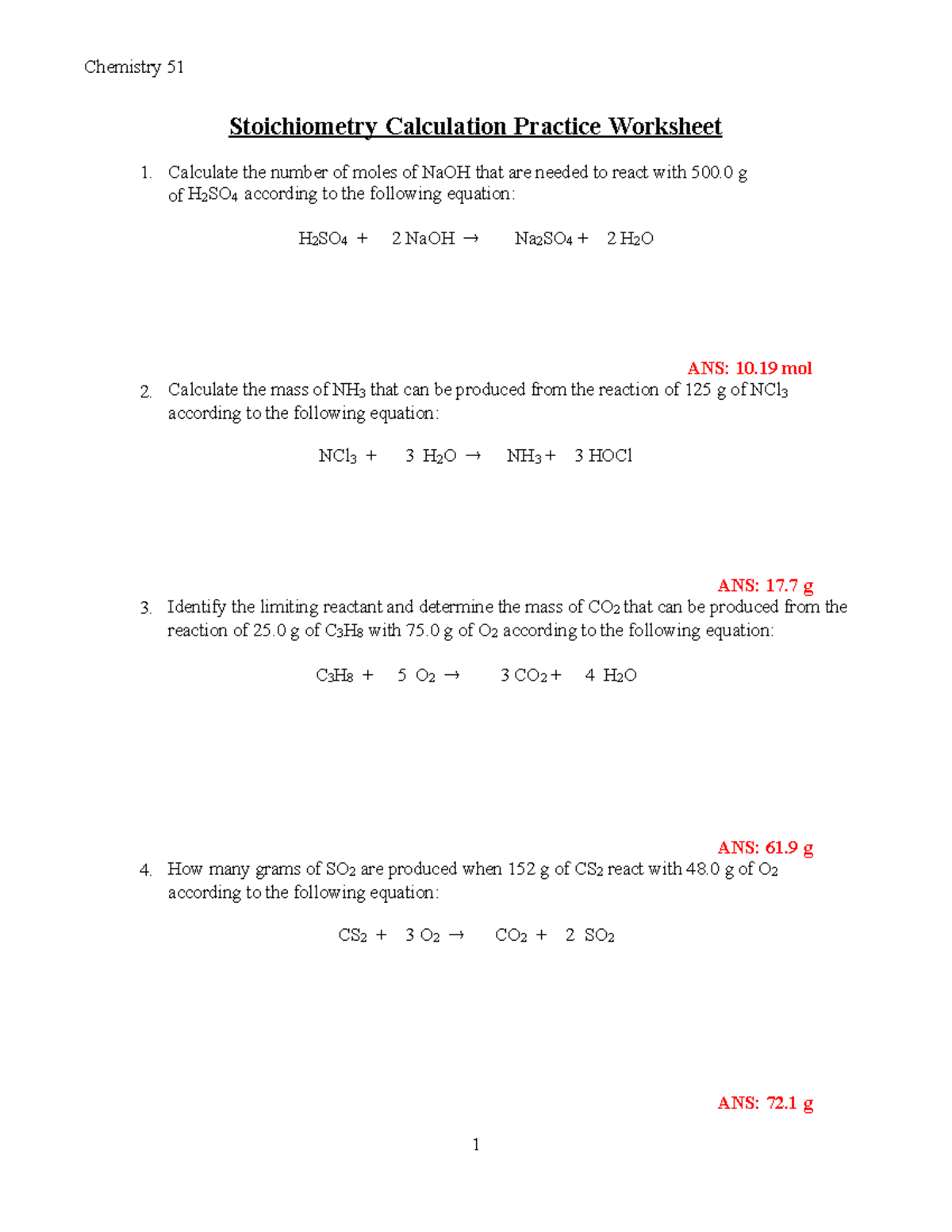 Stoichiometry Worksheet - Chemistry 51 ANS: 72. 1 g 1 Stoichiometry ...