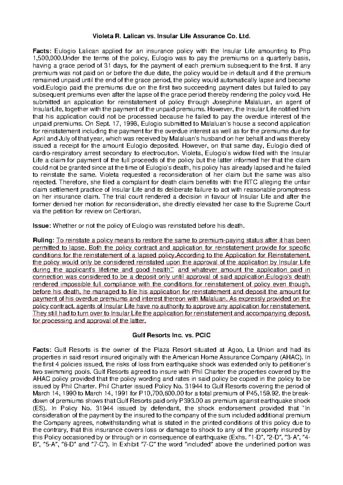 Lalican v. Insular Life: Insurance Policy Reinstatement Issues - Studocu