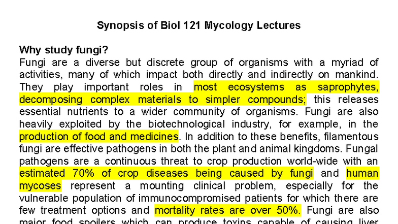 Biol 121: Synopsis of Mycology Lectures on Fungi's Impact - Studocu