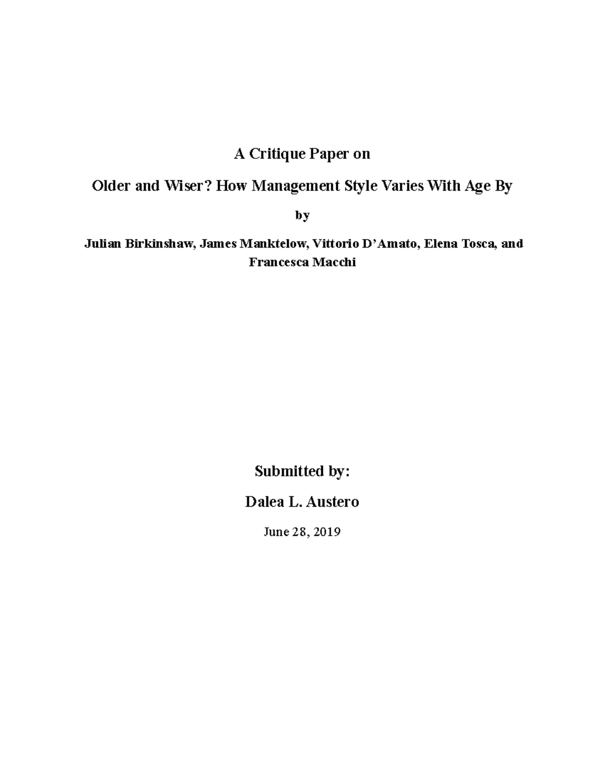 Critic Paper -Ep 2 - Grade: 1.0 - A Critique Paper on Older and Wiser ...