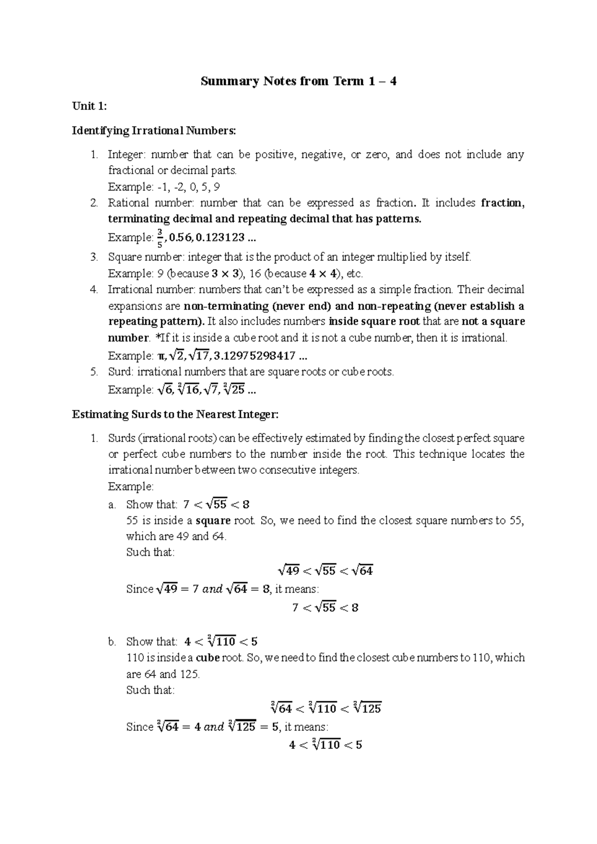 Summary Notes on Irrational Numbers and Algebra (G8) - Studocu