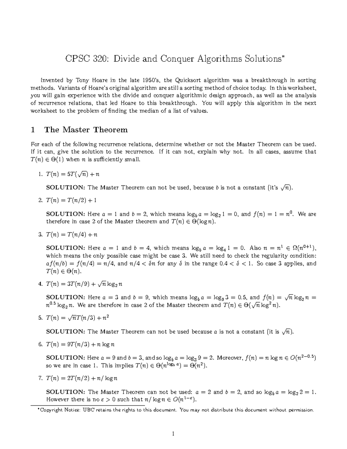 05-divide-and-conquer-soln - CPSC 320: Divide and Conquer Algorithms Solutions ∗ Invented by ...