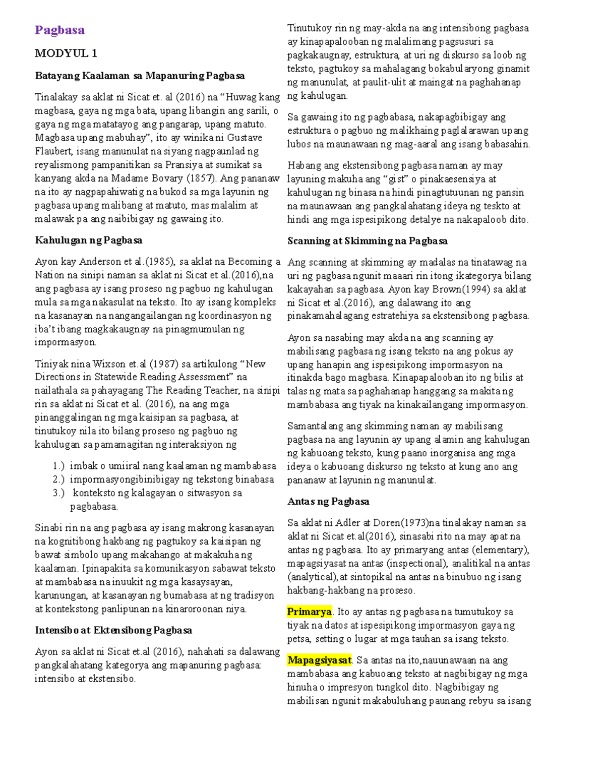 Modyul 1: Batayang Kaalaman sa Mapanuring Pagbasa (Pagbasa) - Studocu