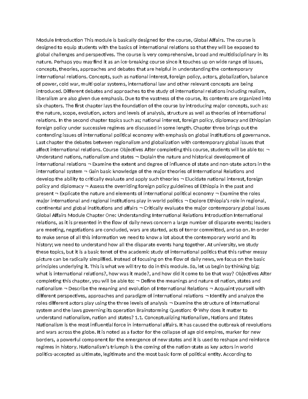 Global Affairs 123: Module Introduction and Chapter One Overview - Studocu
